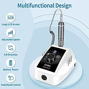 HUGMAPLE Professional 35000RPM Nail Drill for Acrylic Nails, Electric Nail File Machine for Remove Gel Polish Nail, Rechargeable Cordless E File with Bits & Foot Pedal for Manicure Salon Home, White