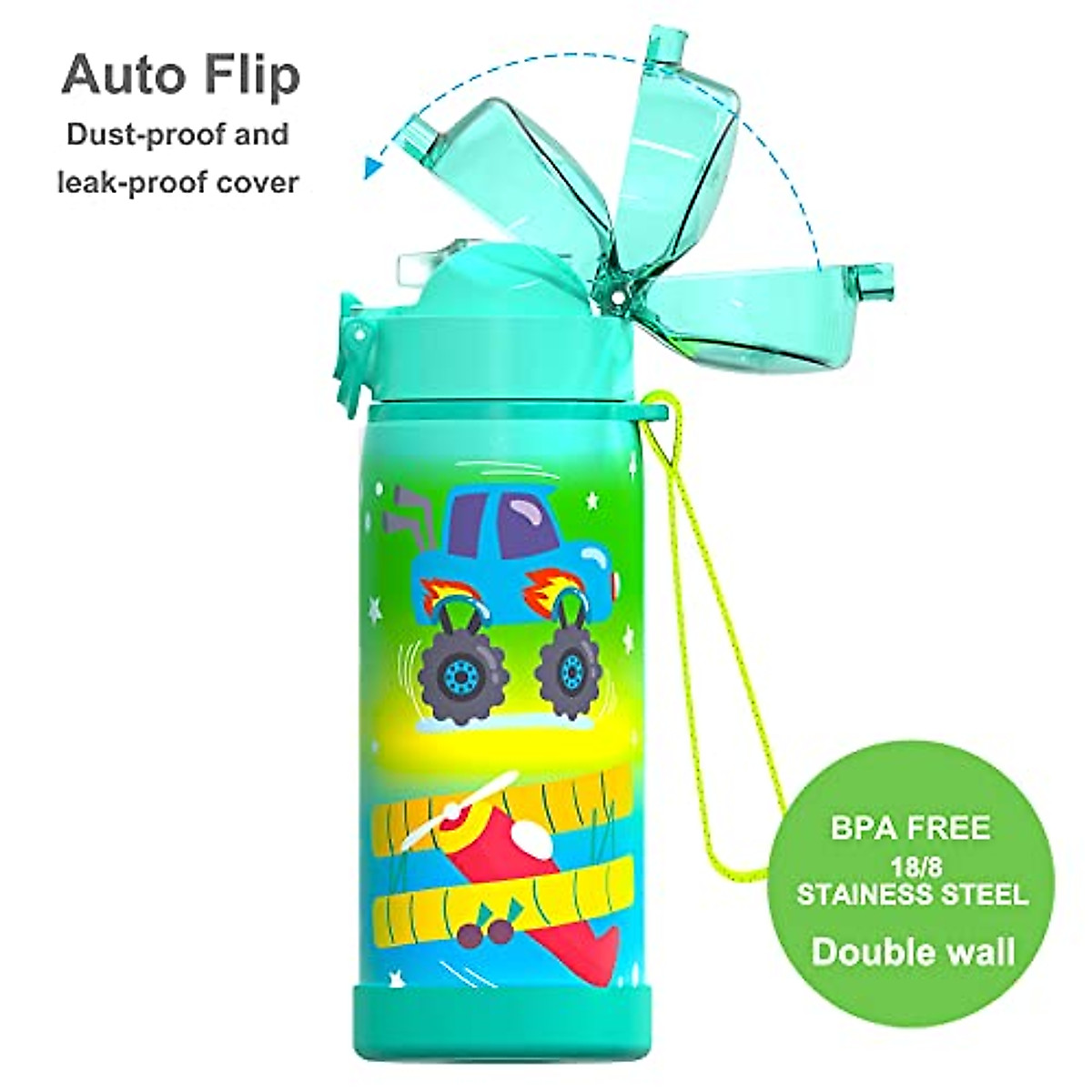 Insulated Water Bottle with Straw for Kids Boys Girls, Durable Stainless Steel & Leak Proof One Click Open Soft Straw & Protective Silicone Boot, 16oz - Airplane & Truck