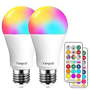 Yangcsl LED Light Bulb 85W Equivalent, RGB Color Changing Light Bulb, 6 Moods - Memory - Sync - Dimmable, A19 E26 Screw Base, Timing Remote Control Included (Pack of 2)