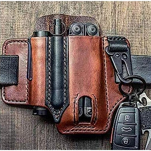 Multitool Sheath for Belt, Leather EDC Belt Organizer, EDC Pocket Organizer for Men, with Pen Holder, Key Fob, Flashlight Sheath (Light Brown)