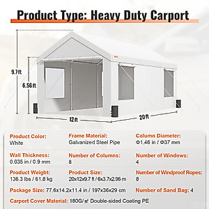 VEVOR Carport, 12x20ft Extra Large Heavy Duty Car Canopy, Portable Garage with Roll-up Ventilated Windows & Removable Sidewalls, UV Resistant Waterproof All-Season Tarp for SUV, F150, Car, Truck, Boat