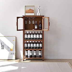 WITANHURST Mini Home Bar Cabinet with Wine Glass Storage, Bamboo Wine Cabinet Bar Furniture Wine Storage Racks Shelf Bottles Holder Organizer, Wine Glass Rack Holds 6 Stemmed Wine Glasses