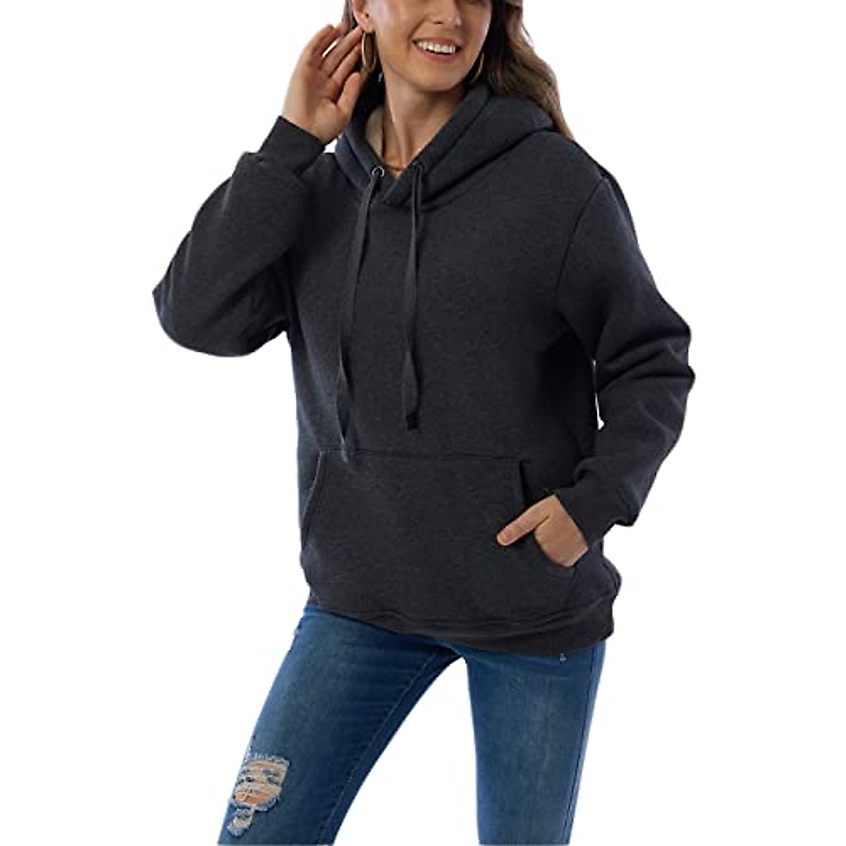 Haellun Womens Casual Winter Warm Fleece Sherpa Lined Pullover Hooded Sweatshirt (Dark grey, Small)