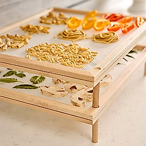 CHICOMFY Wooden Pasta Herb Drying Rack Stackable Food Dryer with Net Multipurpose 2-Tier Noodle Vegetables Dryer Holder (Two Tier)