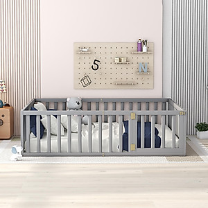Harper & Bright Designs Full Floor Bed for Kids, Montessori Bed Frame with Guardrails and Door, Wooden Floor Full Bed for Kids, Boys Girls (Full Size, Gray)