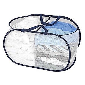 Smart Design Deluxe Mesh Pop Up 2 Compartment Laundry Sorter Hamper Basket - VentilAir Fabric Collapsible Design - for Clothes & Laundry - Home Organization (Holds 2 Loads) (23 x 15 Inch) [White]