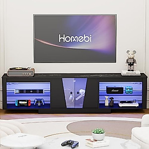 HOME BI TV Stand with LED Lights for TVs up to 70 inch, Entertainment Center with Glass Shelves and Two Cabinets, Console TV Stand for Living Room, 22 RGB Modes, Black