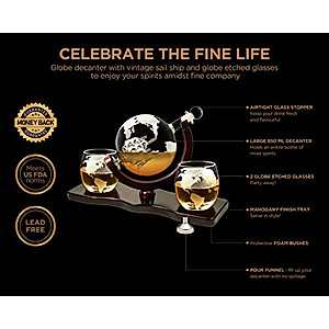 flybold Whiskey Decanter Set - Whiskey Decanter Globe Set for Men Certified Safe Great Gifts for men - Bourbon decanter Scotch Decanter Sets 28 oz Includes 2 Glasses