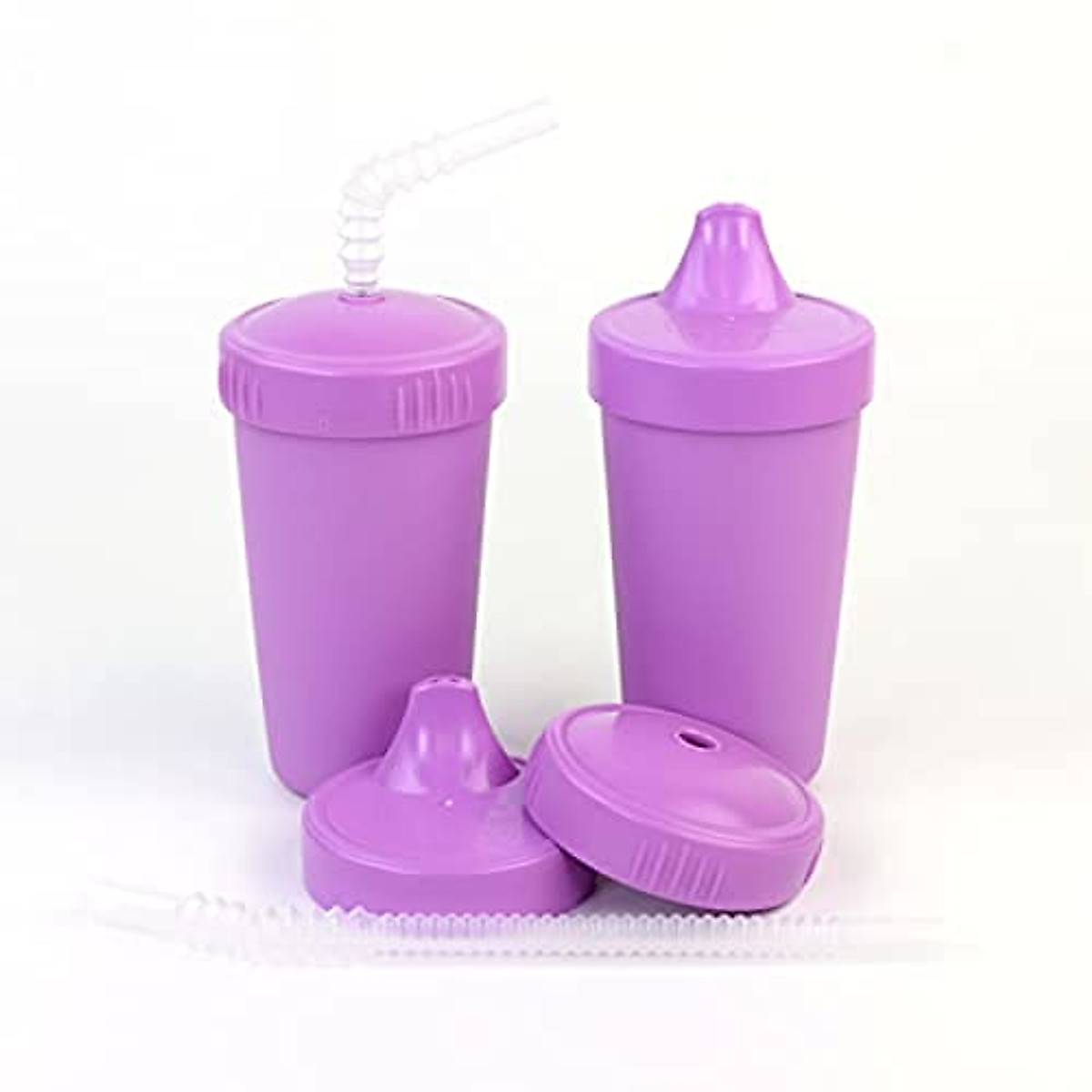 Re Play 10 Oz. No Spill Cups with Convertible Straw Lids - Made in USA - One Piece Silicone Valve and Bendy Straws - BPA Free - Purple