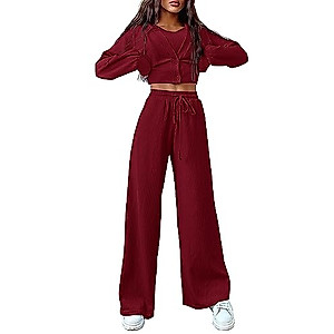 PRETTYGARDEN Womens 2024 Fall Track Suits 3 Piece Outfits Matching Sets Ribbed Knit Cardigan Cropped Tank Tops Wide Leg Pants (Wine Red,Medium)