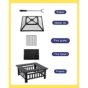 Outdoor Fire Pit,32 inch Square Metal Firepit for Patio Wood Burning Fireplace Garden Stove with Poker Mesh Cover,Charcoal Rack for Camping Picnic Bonfire Backyard