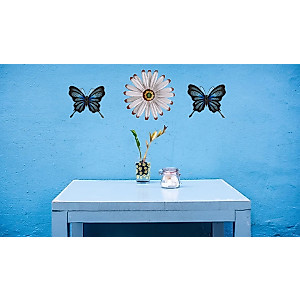 SeasonsEasy Metal and Glass Butterfly Outdoor Patio Garden Wall Decor or Indoor Living Room, Bedroom, Kitchen, Bathroom - Set of 2 Sculpture Butterflies with Blue Design Inserts