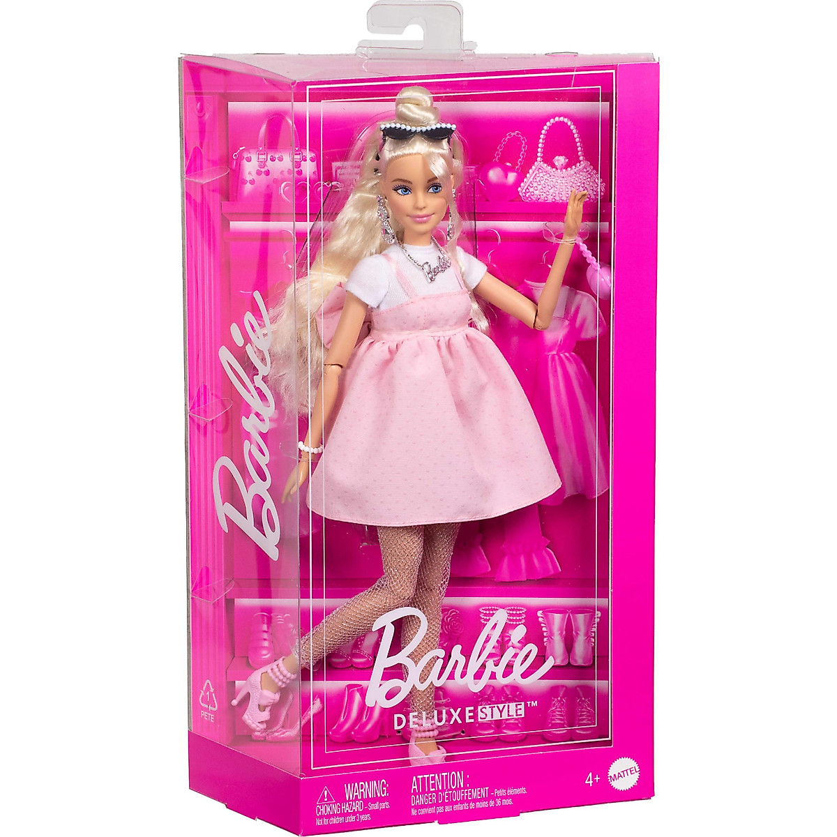 Barbie Deluxe Style Doll #3 in Barbiecore Outfit, Blond Hair in Top Knot, Pink Pastel Dress with Oversized Bow and Accessories Like Mesh Tights