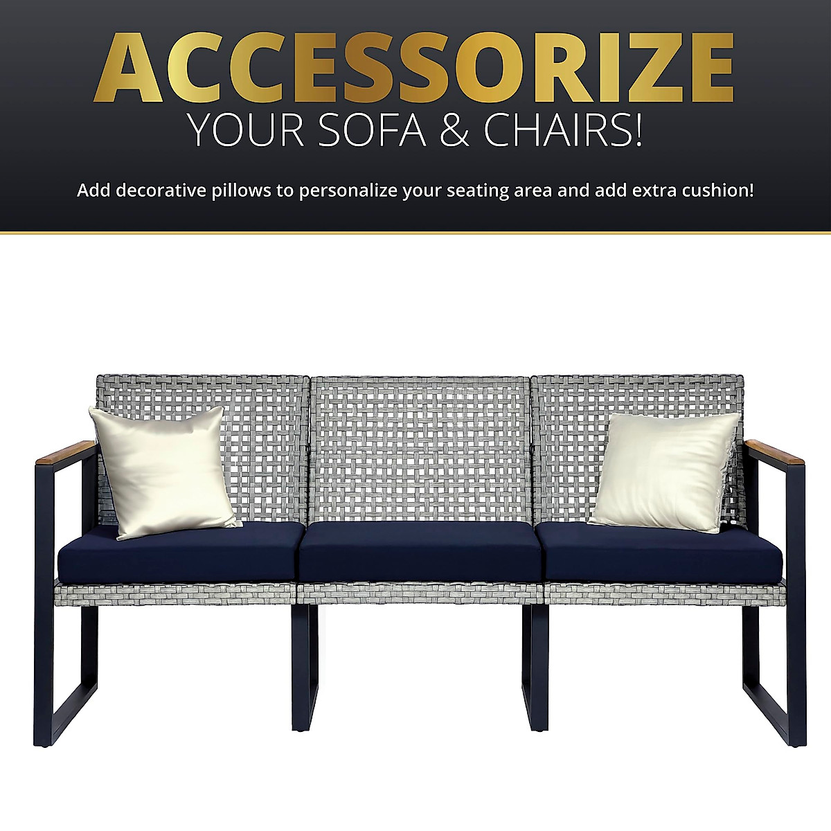 Kinger Home Keaton 4-Piece Outdoor Rattan Furniture Set with Teakwood Accents, Sofa, 2 Armchairs, Glass Coffee Table