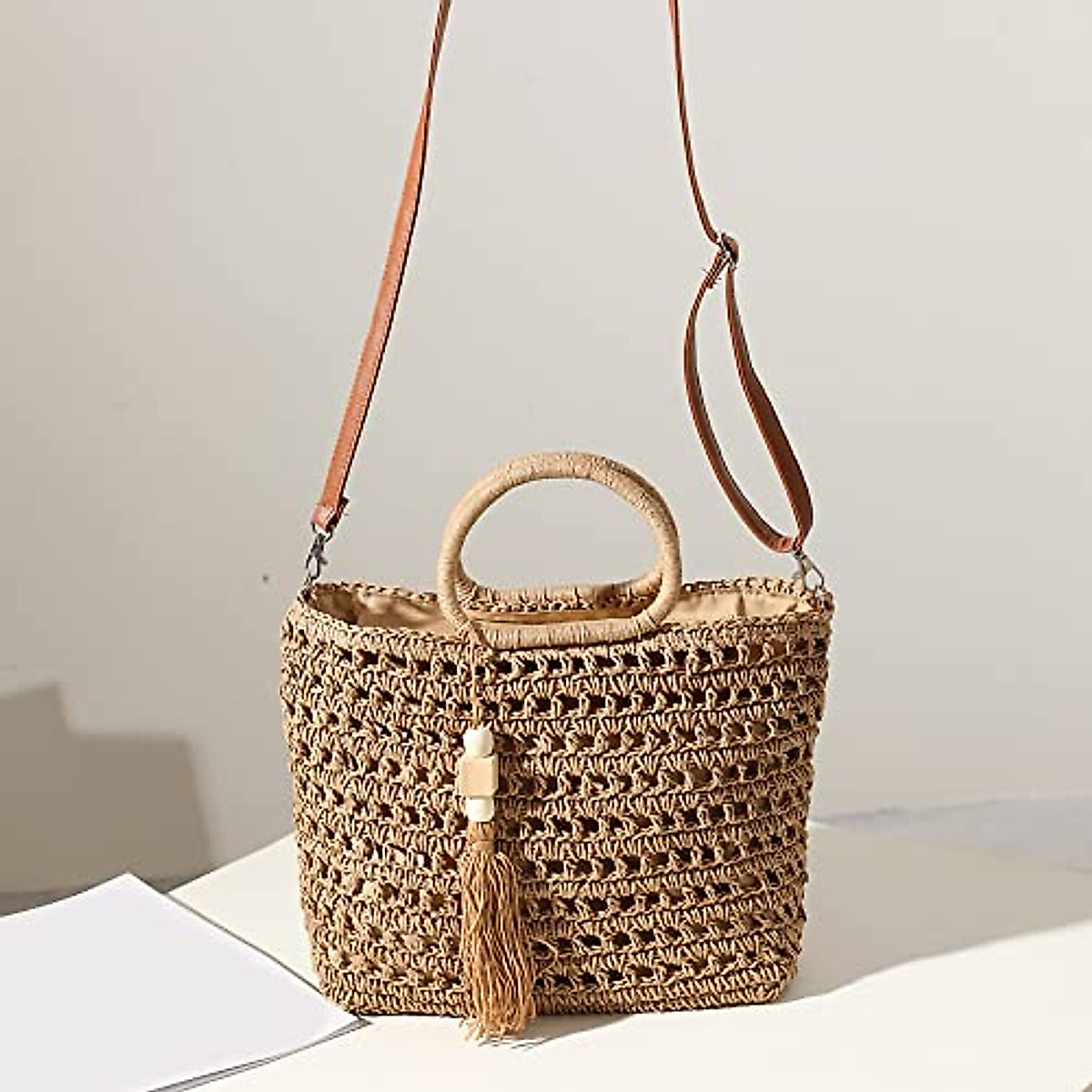 Women Summer Beach Bag Tassel Hollow Large Capacity Shoulder Bag Handmade Woven Bag Portable Messenger Bag (Color : C)