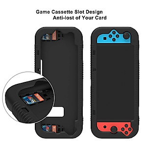 Teyomi Protective Silicone Case for Nintendo Switch, Grip Cover with Tempered Glass Screen Protector, 2 Storage Slots for Game Cards, Shock-Absorption & Anti-Scratch (Black)