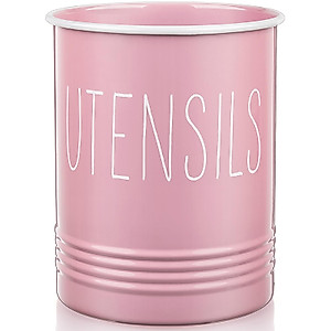 Bivvclaz Kitchen Utensil Holder - 6.7" Utensil Holder for Kitchen Counter - Cooking Utensil Crock with Cork Bottom - Pink Kitchen Decor and Accessories - Utensil Storage Caddy Organizer