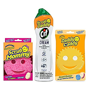 Scrub Daddy Scrub Mommy, Daddy Caddy + Cif All Purpose Cleaner - Scratch-Free, Dual-Sided Kitchen + Bathroom Scrubber + Multipurpose Cleaning Cream - Cleaning Supplies Kit for Multiple Surfaces