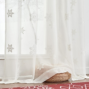 jinchan Christmas Curtains White Snowflake Embroidered Sheer Curtains 84 Inch Length Light Filtering Xmas Backdrop Window Curtains for Living Room 2 Panels Set Bedroom Rod Pocket Curtains