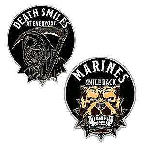 USMC Death Smiles at Everyone Marines Smile Back - Marine Corps Challenge Coin - Marine Corps Gifts | Disabled USMC Vet Owned Small Business