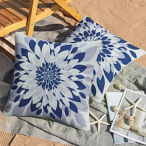 JASEN Outdoor Waterproof Pillow Covers, Blue Floral Pillow Covers, Set of 2 18x18, Double-Sided Decorative Outside Throw Pillows for Patio Furniture Couch Sunbrella Porch Garden
