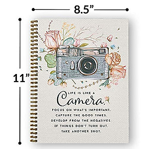 Softcover Camera 8.5" x 11" Motivational Spiral Notebook/Journal, 120 College Ruled Pages, Durable Gloss Laminated Cover, Gold Wire-o Spiral. Made in the USA
