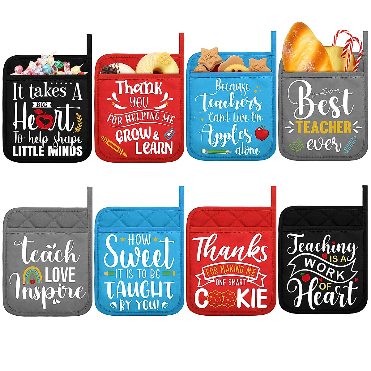 Irenare 8 Pcs Christmas Teacher Appreciation Gifts Hot Pot Holders Funny Oven Mitts Heat Resistant Microwave Oven Mitt Potholders with Hand Pocket Hanging Loop End of Year Gift, 7 x 9 Inch
