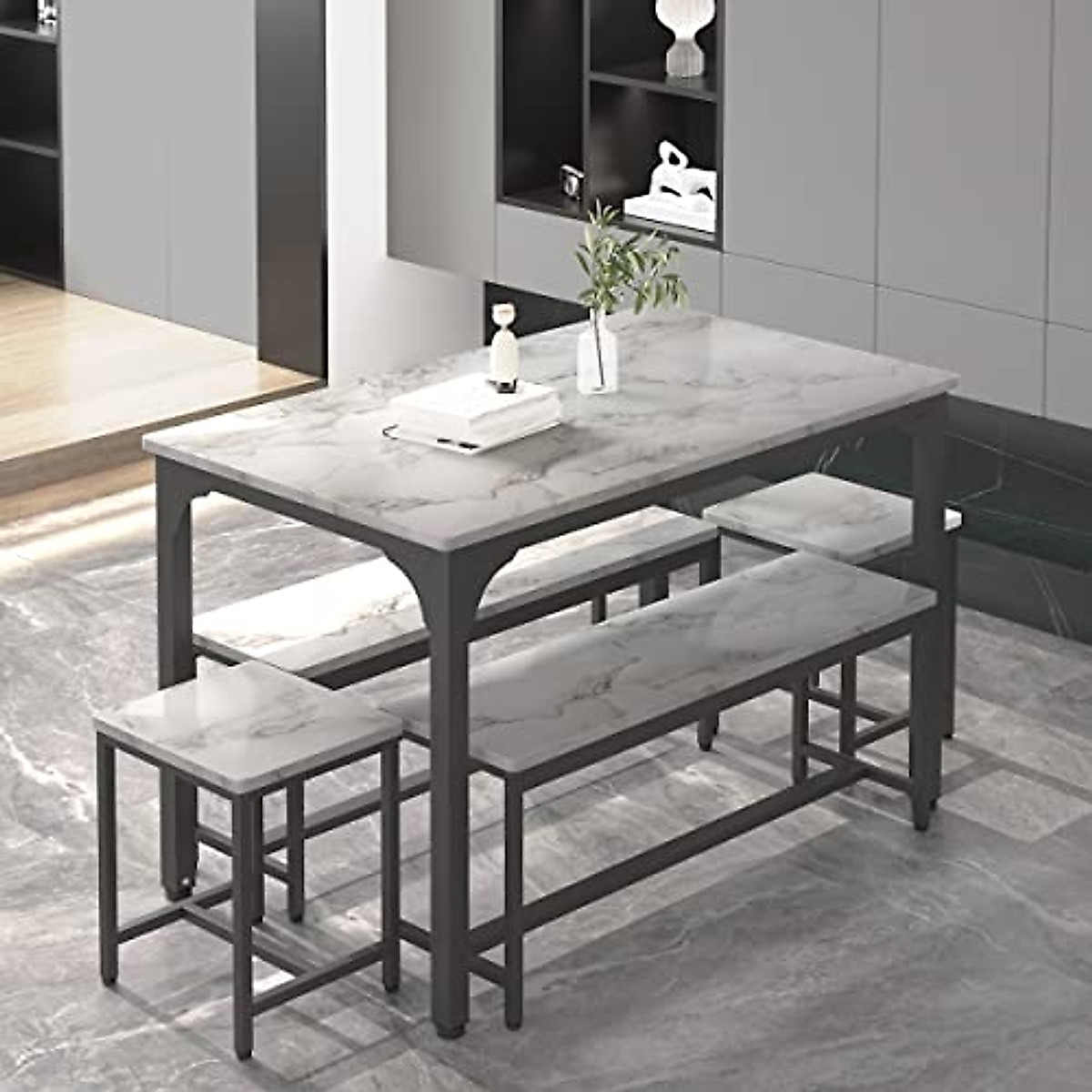 WiberWi Dining Table Set for 6, 47.3” Kitchen Dining Table, 5 Piece Kitchen Table and Chairs for 6, Heavy Duty Dining Room Table with Metal Frame & Faux Marble Tabletop for Kitchen Small Spaces