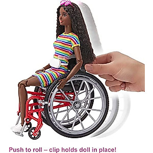 Barbie Fashionistas Doll #166 with Wheelchair and Ramp, Crimped Brunette Hair and Rainbow-Striped Dress with Accessories (Amazon Exclusive)