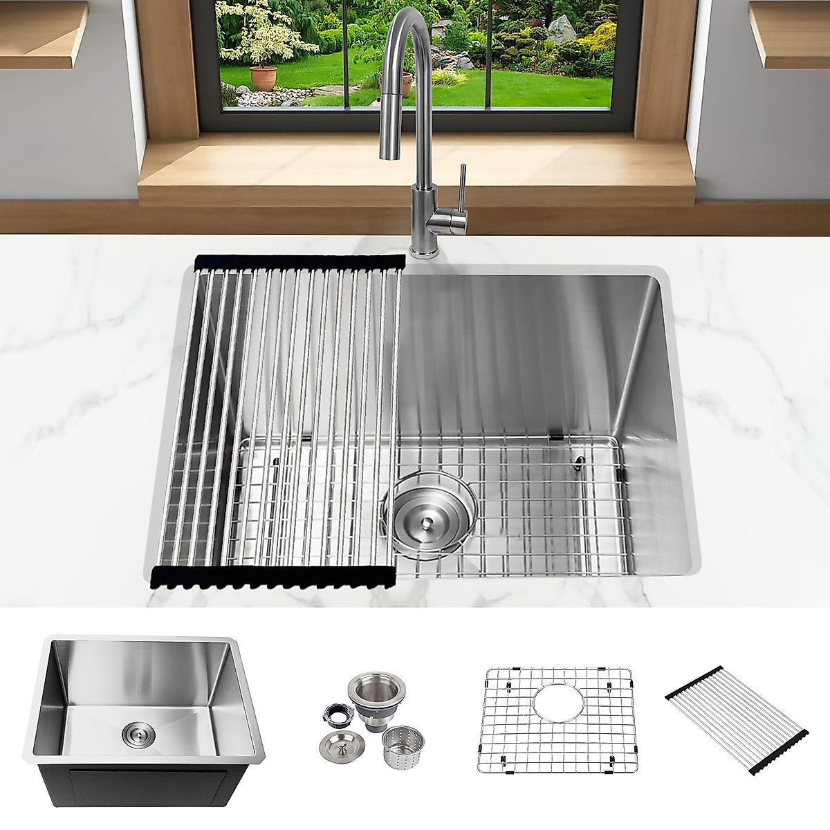 KABCO KLA23SSGR 18 Gauge Top-Undermount Drop In Laundry Utility Sink 23-Inch Stainless Steel Single Bowl with Strainer kit, Top Rolling Sink Rack & Bottom Sink Grid 4PC Combo Package- 23x18x12 Inch