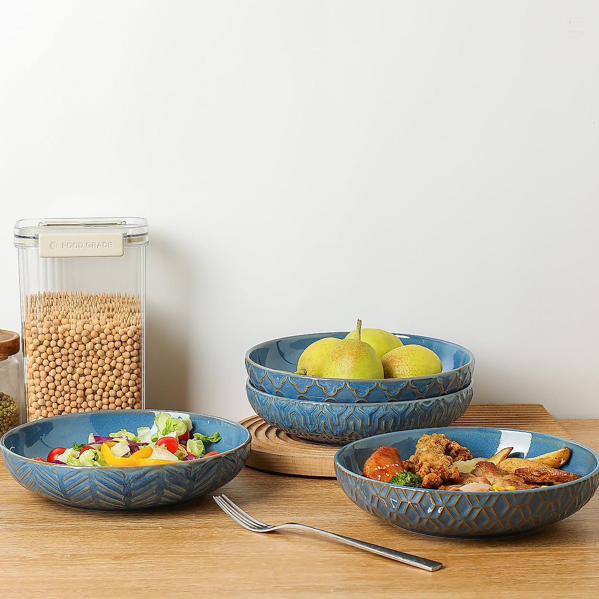 Sureasy Ceramic Pasta Bowls, 30oz Large Salad Bowl, 8.5 inch Embossed Serving Bowl for Kitchen, Wide and Shallow Plates Bowls Set of 4, Microwave, Oven and Dishwasher Safe, Gifts, Blue