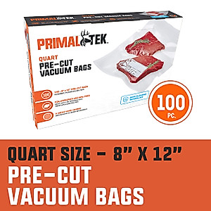 PrimalTek 8” x 12” Pre-Cut Vacuum Bags – 100 Quart Bags for Food Preservation – BPA-Free Vacuum Sealer Bags, Microwave, Freezer and Boil Safe, Compatible with any Vacuum Sealer Machine