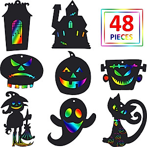 Blulu 48 Pieces Halloween Scratch Paper Rainbow Witch Pumpkin Scratch Crafts Kit Halloween Hanging Ornaments Art with Wooden Stick and Rope for Party Decoration DIY Supplies