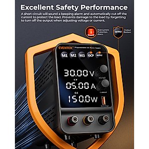 Eventek DC Power Supply, 30V/5A Variable Power Supply with Encoder Adjustment Knob, Memory Switching Bench Power Supply with 4-Digits LED Display, 5V/3.6A USB Output & Banana Plug Lead