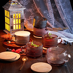 Khen Fall Colors Glass Coffee Mugs Set With Handles, Spoons & Lid | Set of 6 | 15oz Hobnail Embossed With Bamboo Lids & Gold Spoons, Glassware Mug Bubble Glasses - Cute Cups Coffee, Tea Oats Colored