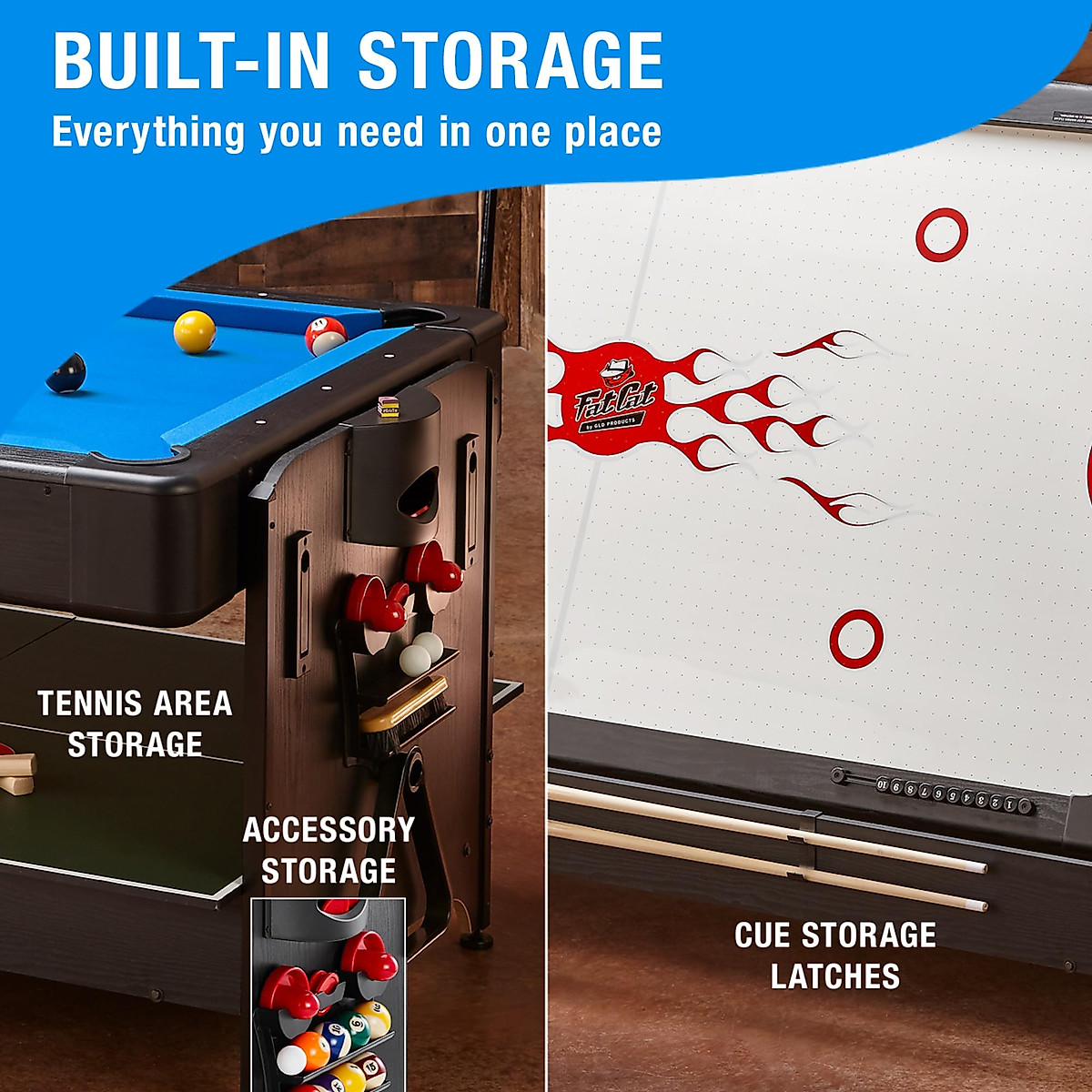 Fat Cat Original 3-in-1 Green 7' Pockey Multi-Game Table - Air Hockey, Billiards and Table Tennis - Blue