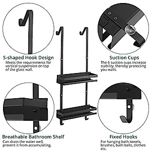 Over Door Shower Caddy for Glass Door, JiGiU Hanging Bathroom Storage Organizer, Over the Door Baskets Stainless Steel 2-Tier Shelves and Built-in Hooks for Shampoo, Body Wash, Loofahs, Towel