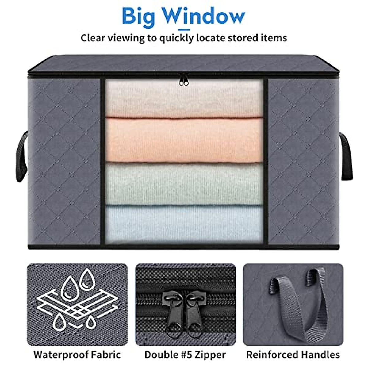 Fabspace Storage Bags Large Capacity Clothes Storage Bins With Durable Handles Sturdy Zippers Thick Fabric for Clothing, Comforter, Blanket Storage Collapsible Closet Containers, 4 Pack, 60L, Grey