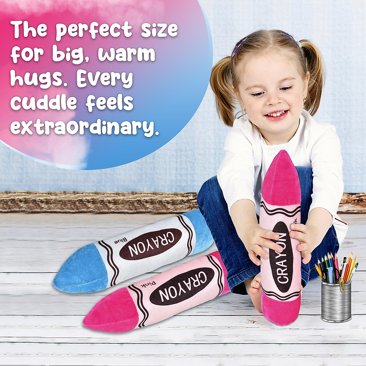 Forest & Twelfth 14” Stuffed Crayons 2Pcs Crayon Plush Toy Set - Soft and Huggable Blue and Pink Crayon Prop Toys for Imaginative Play and Learning, Comfy Pencil Pillow Plush