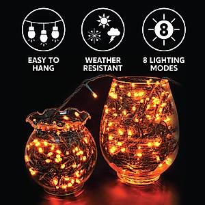 Joiedomi 100 LED Orange Halloween String Lights with 8 Modes 32.4FT Green Wire for Indoor Outdoor Holiday Décor Halloween Event Decoration, Tree, Eaves, Haunted House Theme Party