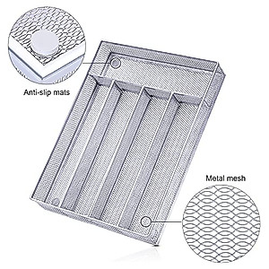 WuGeShop Desk Drawer Organizer Tray 5 Compartments, Metal Mesh Desk Drawer Storage Tray with Non-slip Mats for Office, Bathroom, Kitchen, Silver