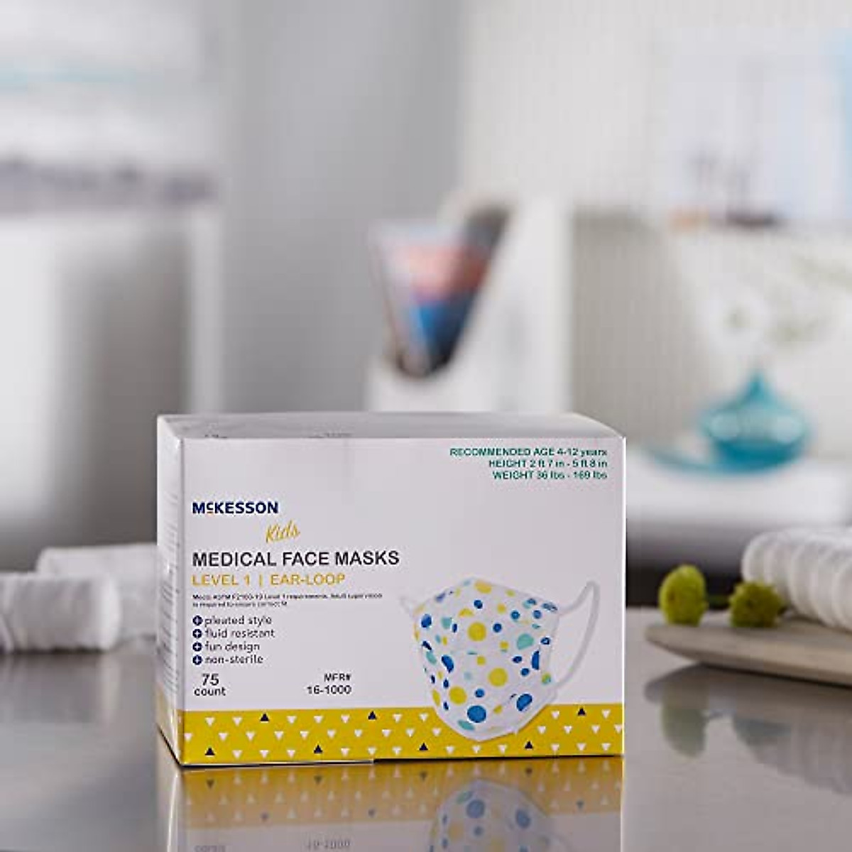 McKesson Kids' Medical Face Masks, Level 1 - Pleated with Ear Loops, Non-Sterile, Blue and Yellow Polka Dots - Fits Kids 4 to 12 Years Old, 5.5 in x 3.35 in, 75 Count, 1 Pack