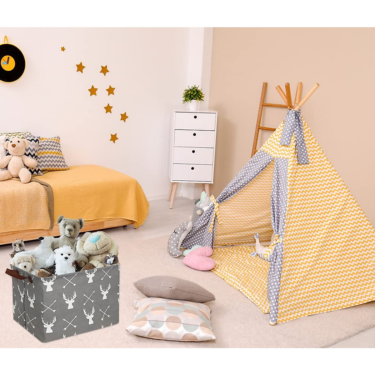 HIYAGON Baby Storage Basket Cute Toy Basket for Boys and Girls Kids Storage Bin Organizer Box Gift Basket Empty Rectangular Deer Room Decor for Home(Grey deers)
