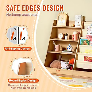 VEVOR Wooden Kids Bookshelf 4-Tier, Toy Storage Organizer for Toddler, Book Shelf for Kids Rooms with 6-Layer Sling Book Rack, Baby Book Storage Shelves for Kids Room, Playroom, Kindergarten, Nursery