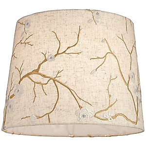 Beige Plum Flower Embroidery Medium Drum Lamp Shade 12" Top x 14" Bottom x 11" Slant (Spider) Replacement with Harp and Finial - Springcrest