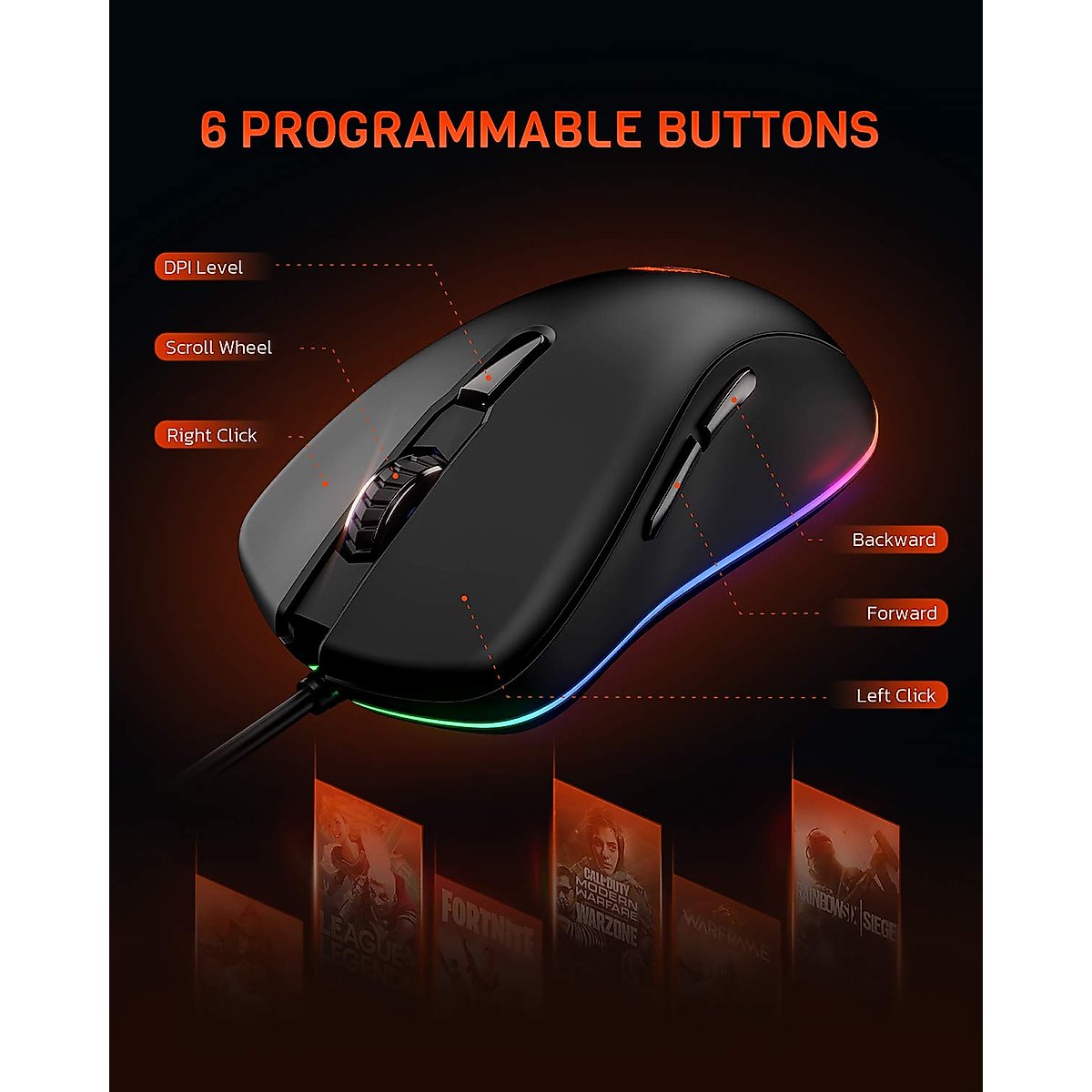 DAREU Wired Gaming Mouse, 6400DPI,6 Programmable Buttons, Ergonomic RGB Gaming Mouse with 16.8 Million Chroma 7 Backlit for PC, Laptop, and Notebook