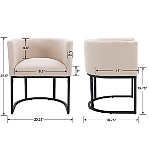 Wahson Set of 2 Linen Upholstered Dining Chair, Mid Century Modern Fabric Bucket Dining Chair with Black Metal Legs, Cream