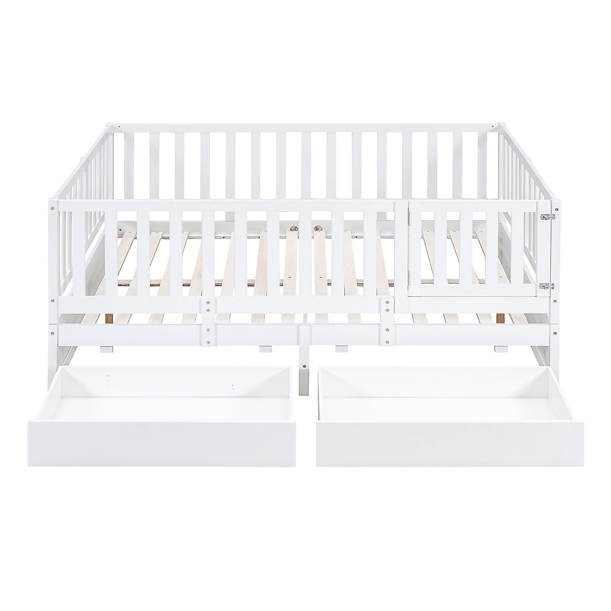Wood Full Size Daybed with Fence Guardrails and 2 Drawers, Used as Independent Floor Bed & Daybed,for Kids Toddler Teens Adults Bedroom Use (White@Fence/, Full)