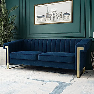 JULYFOX Blue Velvet Couch Channel Tufted, 84 inch Wide Mid Century Modern Living Room Sofa Extra Wide Armrest 700 lb Heavy Duty Updated Chesterfield Design