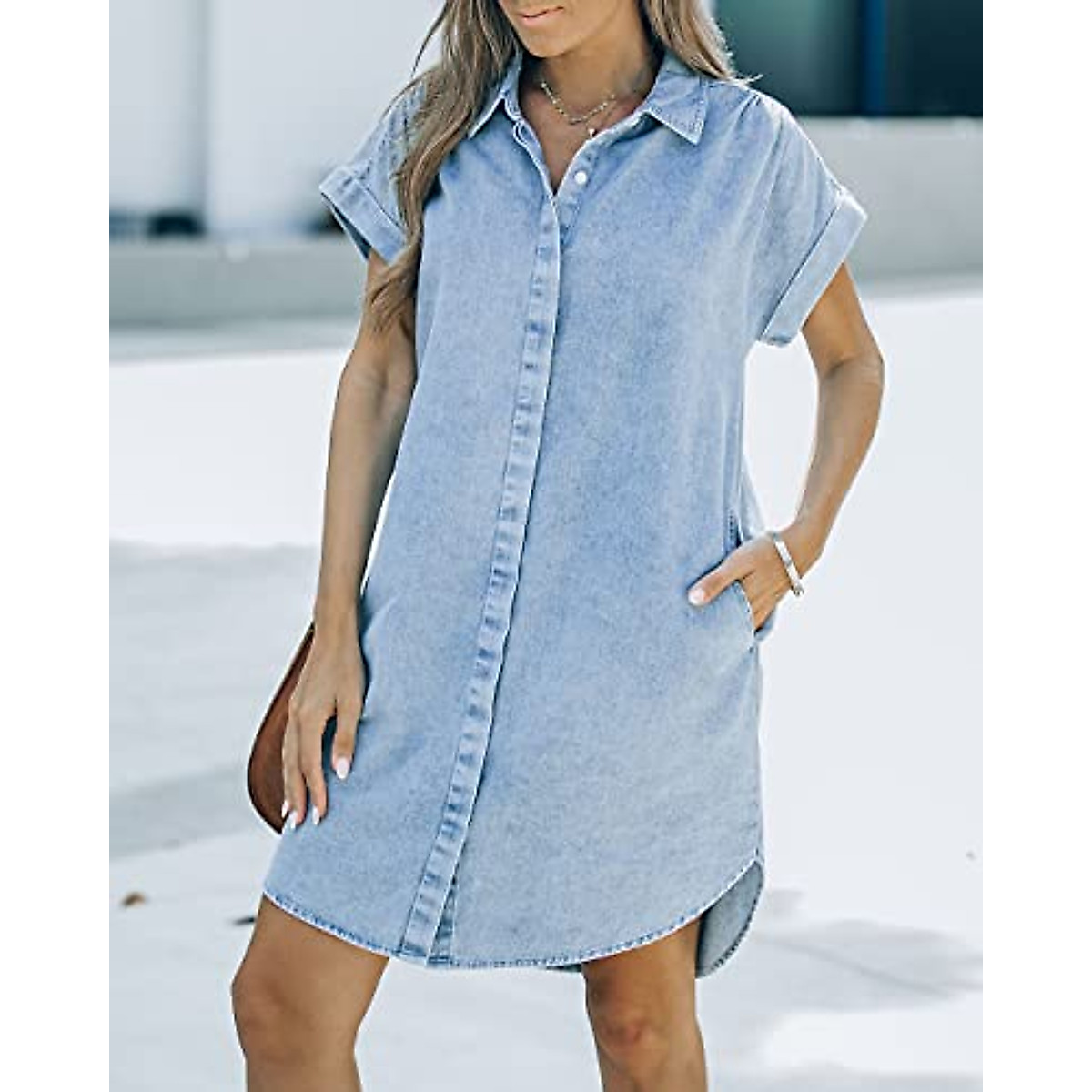 KDF Denim Dress with Pockets for Women Denim Button Down Shirt Jean Dresses for Women 2023 Summer Light Blue Size Small Size 4 Size 6
